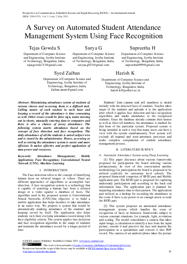 (PDF) A Survey on Automated Student Attendance Management System Using Face Recognition