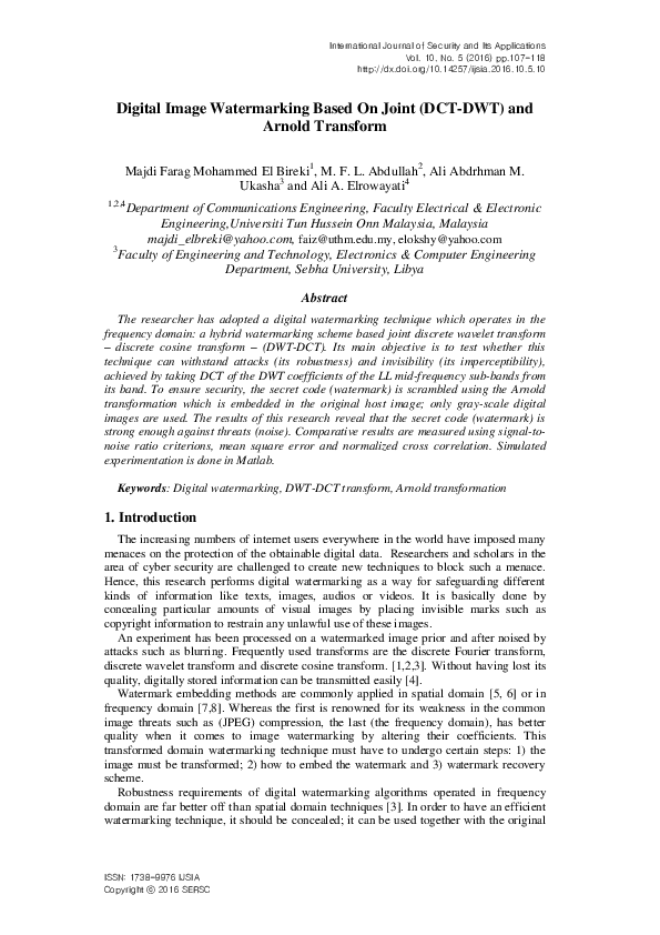 (PDF) Digital Image Watermarking Based On Joint (DCT-DWT) and Arnold Transform