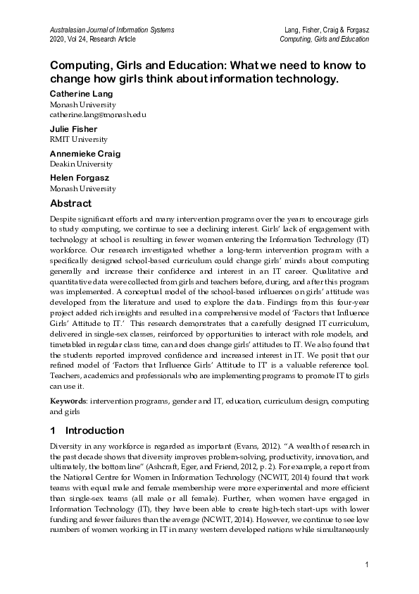 (PDF) Computing, Girls and Education: What we need to know to change ...