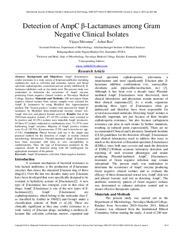 (PDF) Detection of AmpC -Lactamases among Gram Negative Clinical Isolates