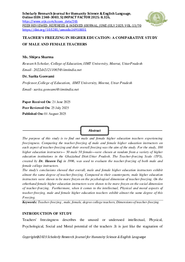 (PDF) TEACHER'S FREEZING IN HIGHER EDUCATION: A COMPARATIVE STUDY OF ...
