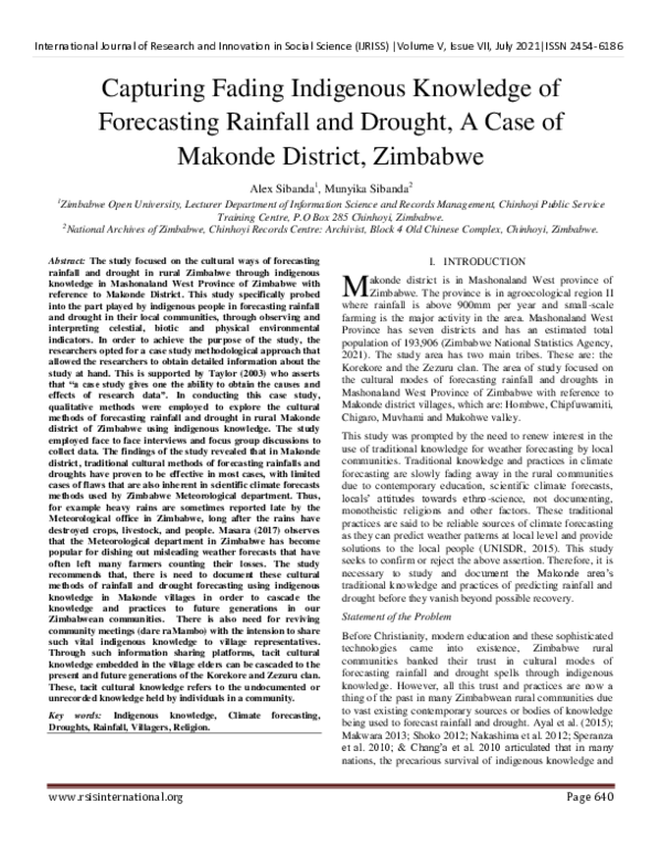 (PDF) Capturing Fading Indigenous Knowledge of Forecasting Rainfall and ...