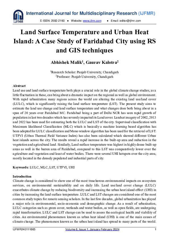 (PDF) Land Surface Temperature and Urban Heat Island: A Case Study of Faridabad City using RS ...
