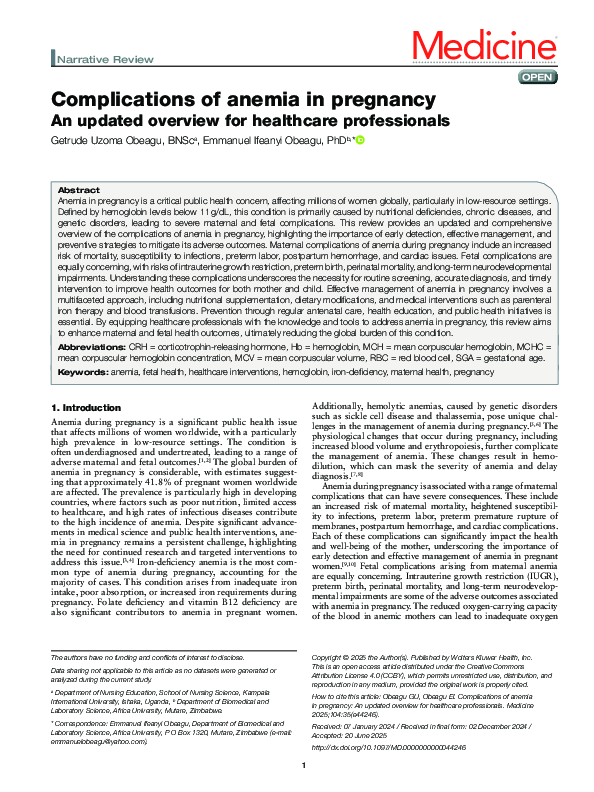 (PDF) Complications of anemia in pregnancy: An updated overview for ...