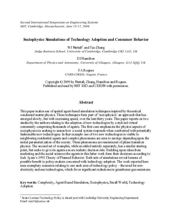 (PDF) Sociophysics Simulations of Technology Adoption and Consumer Behavior