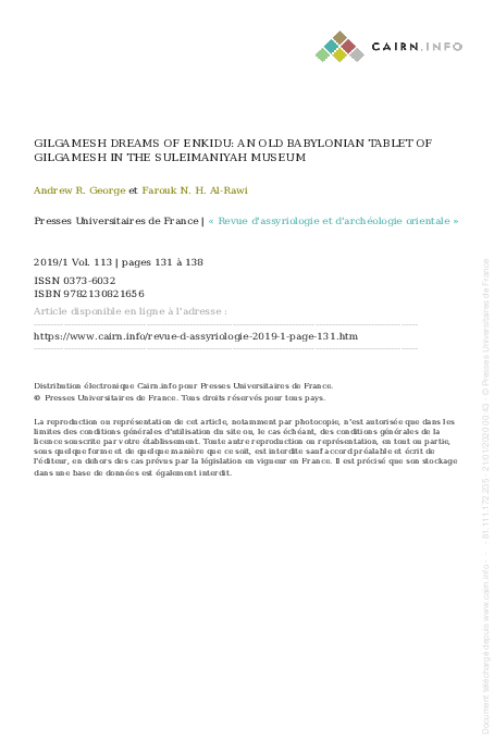 (PDF) GILGAMESH DREAMS OF ENKIDU: AN OLD BABYLONIAN TABLET OF GILGAMESH ...