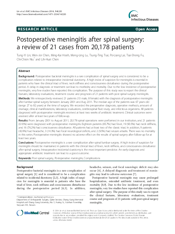 (PDF) Postoperative meningitis after spinal surgery: a review of 21 ...