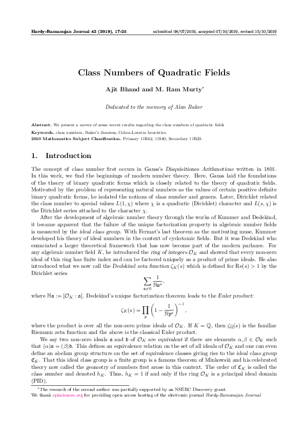 (PDF) Class Numbers of Quadratic Fields