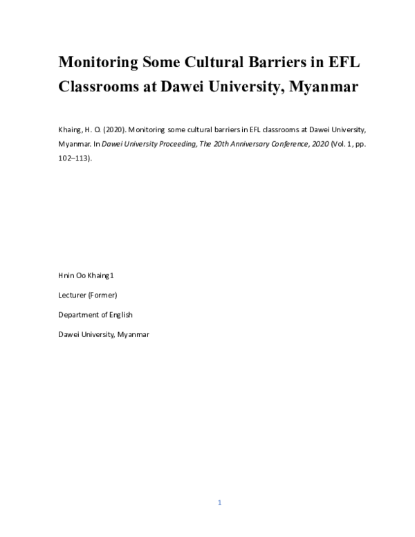 (PDF) Monitoring Some Cultural Barriers in EFL Classroom at Dawei ...