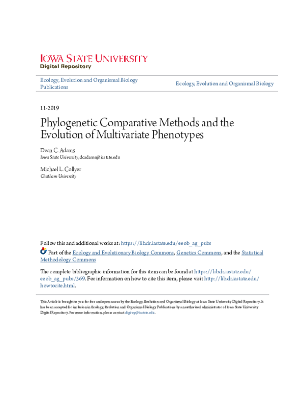 (PDF) Phylogenetic Comparative Methods and the Evolution of ...