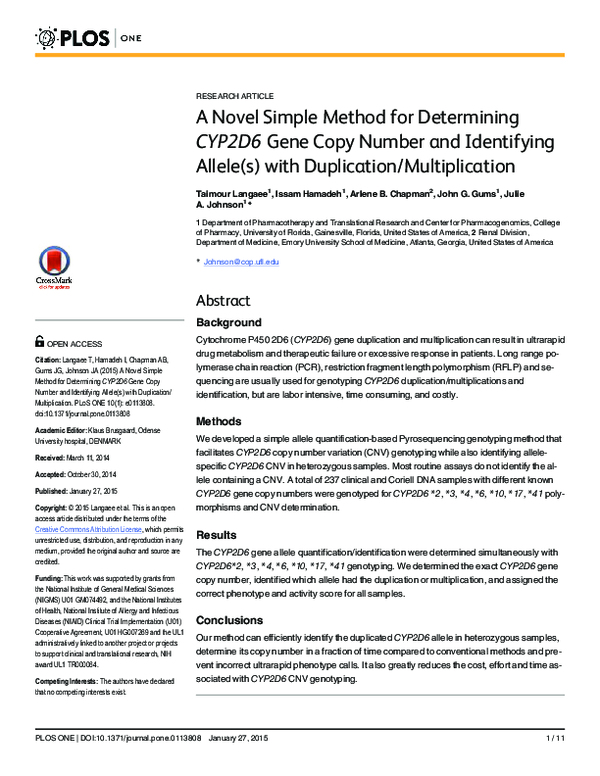 (PDF) A Novel Simple Method for Determining CYP2D6 Gene Copy Number and Identifying Allele(s ...