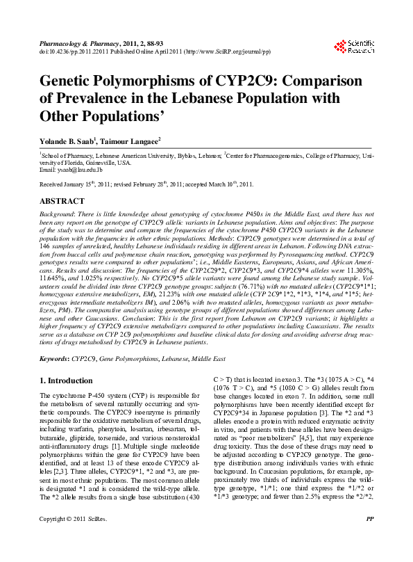 (PDF) Genetic Polymorphisms of CYP2C9: Comparison of Prevalence in the ...