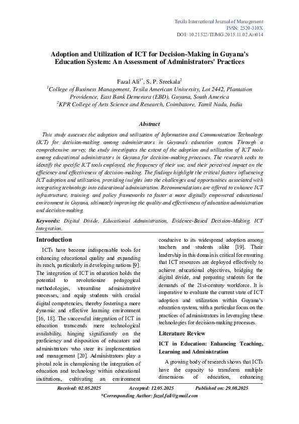 (PDF) Adoption and Utilization of ICT for Decision-Making in Guyana's Education System: An ...
