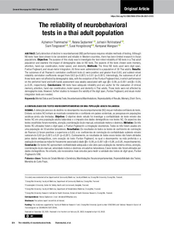 (PDF) The reliability of neurobehavioral tests in a thai adult population