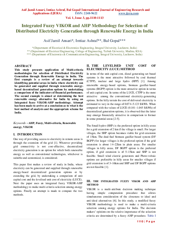 (PDF) Integrated Fuzzy VIKOR and AHP Methodology for Selection of Distributed Electricity ...