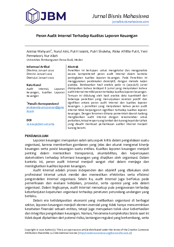(PDF) Peran Audit Internal Terhadap Kualitas Laporan Keuangan