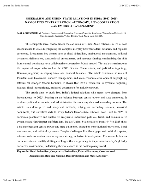 (PDF) FEDERALISM AND UNION-STATE RELATIONS IN INDIA (1947-2025 ...
