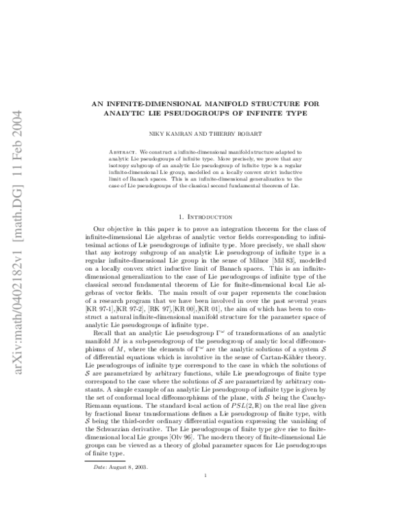 (PDF) An infinite-dimensional manifold structure for analytic Lie pseudogroups of infinite type