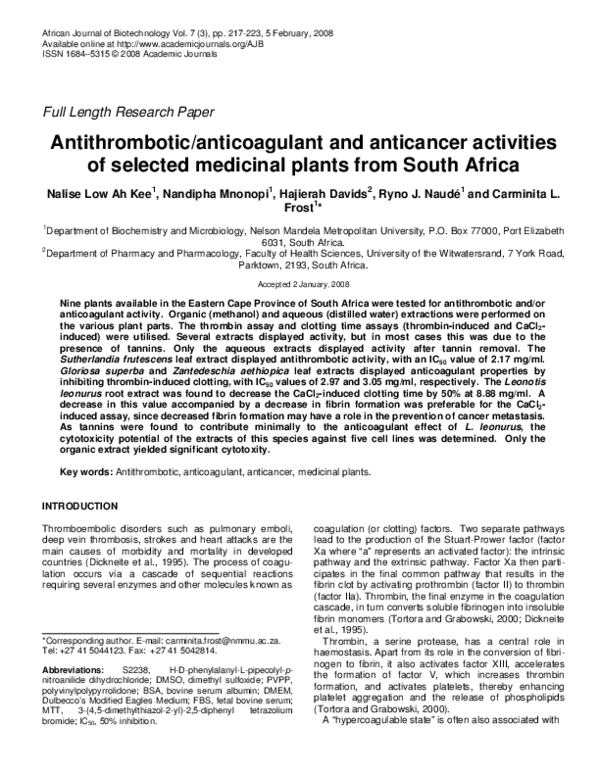 (PDF) Antithrombotic/anticoagulant and anticancer activities of ...
