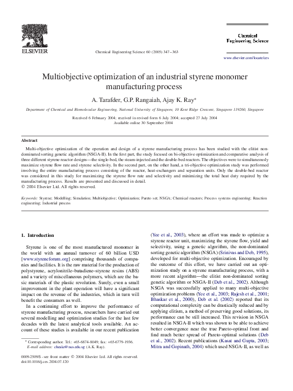 (PDF) Multiobjective optimization of an industrial styrene monomer manufacturing process