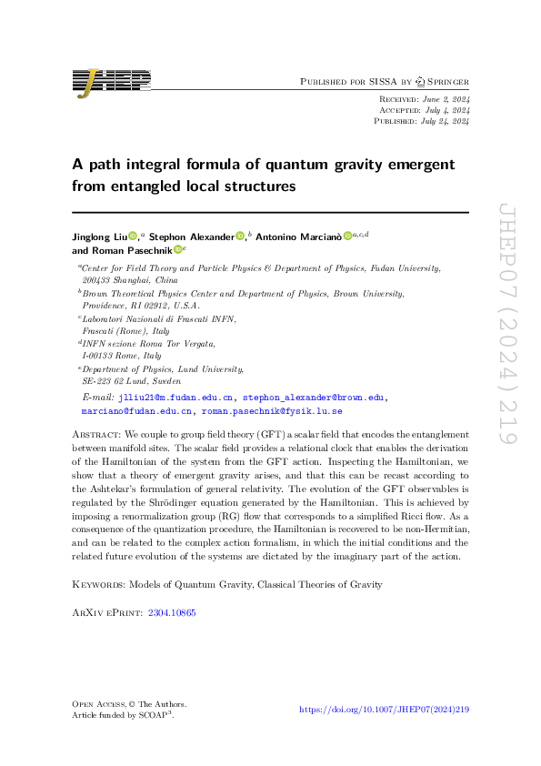 (PDF) A path integral formula of quantum gravity emergent from ...