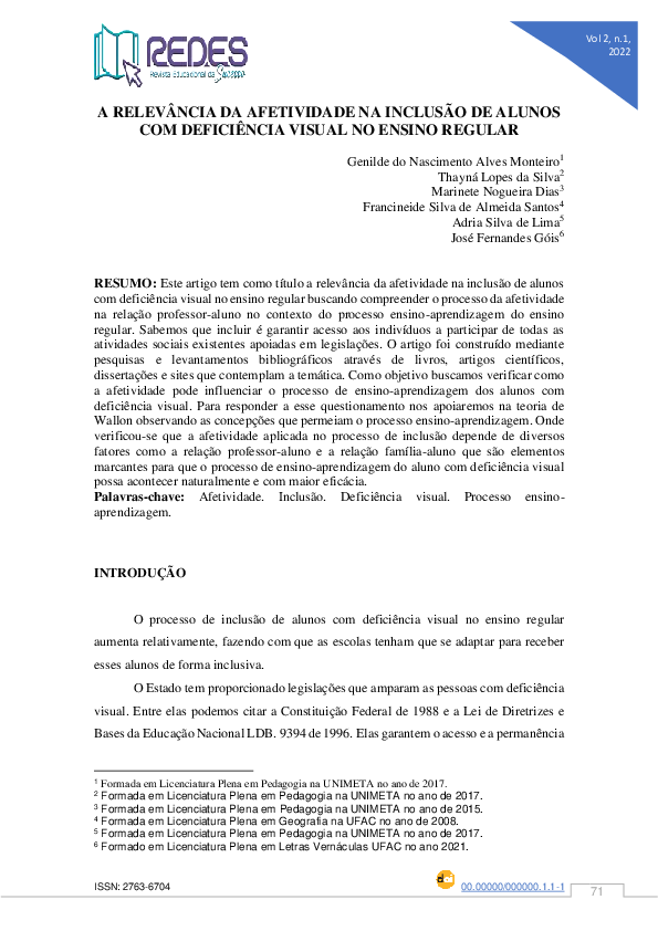 (PDF) A RELEVÂNCIA DA AFETIVIDADE NA INCLUSÃO DE ALUNOS COM DEFICIÊNCIA ...