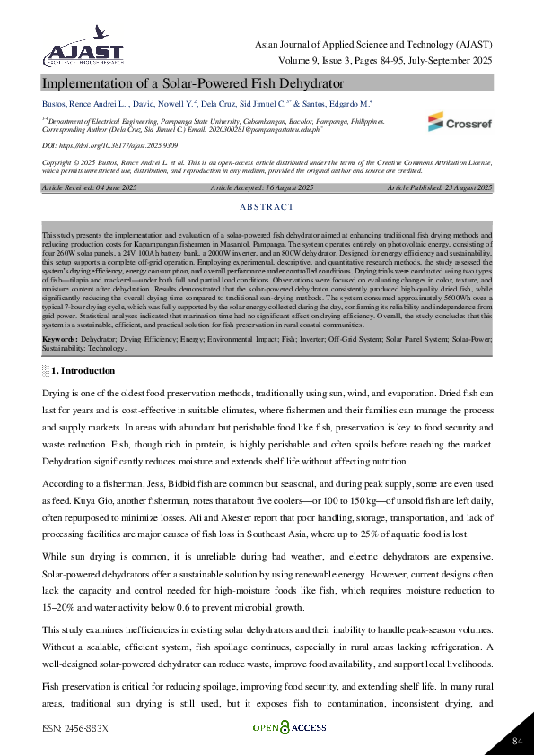 (PDF) Implementation of a Solar-Powered Fish Dehydrator