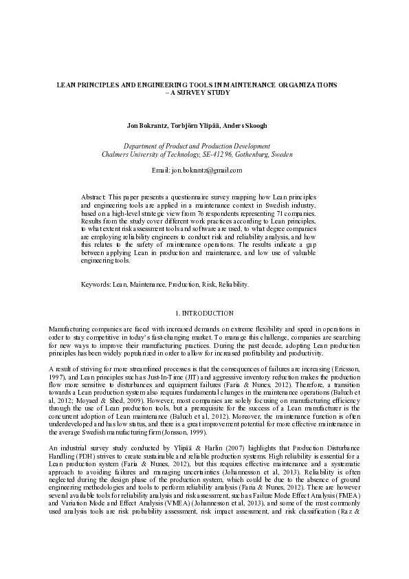 (PDF) Lean Principles and Engineering Tools in Maintenance ...