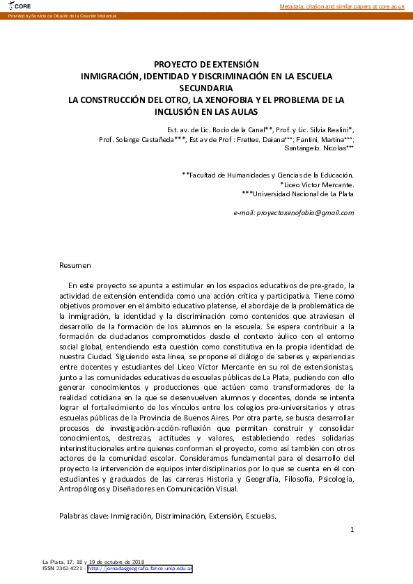 (PDF) Proyecto de extensión inmigración, identidad y discriminación en ...