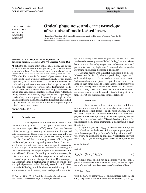 (PDF) Optical phase noise and carrier-envelope offset noise of mode-locked lasers