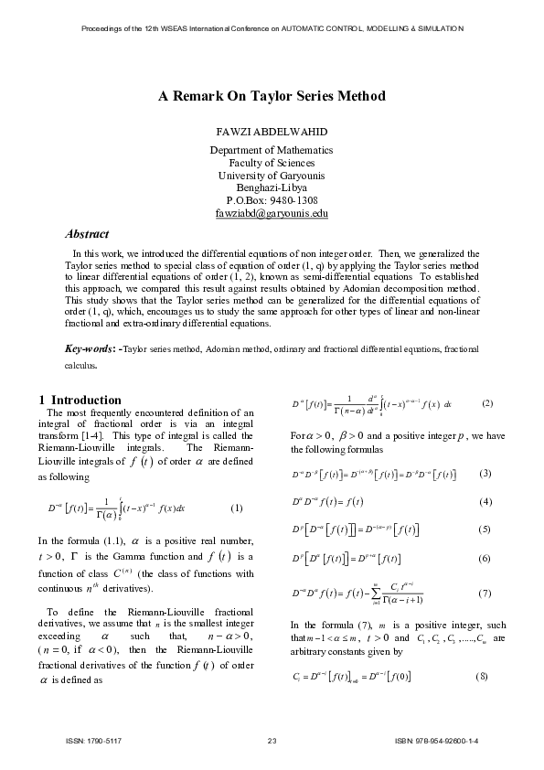 (PDF) A Remark on Taylor Series Method