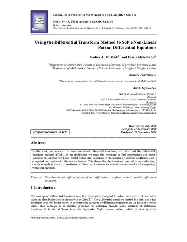 Pdf Using The Differential Transform Method To Solve Non Linear Partial Differential Equations