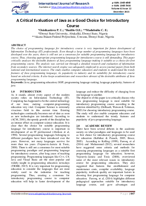(PDF) A Critical Evaluation of Java as a Good Choice for Introductory Course