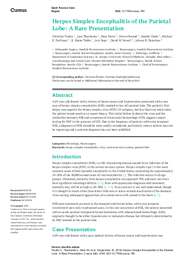 (PDF) Herpes Simplex Encephalitis of the Parietal Lobe: A Rare Presentation. A Case Report