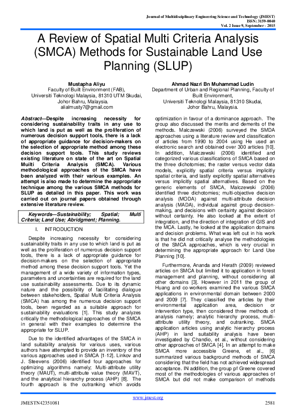 (PDF) A Review of Spatial Multi Criteria Analysis ( SMCA ) Methods for Sustainable Land Use ...
