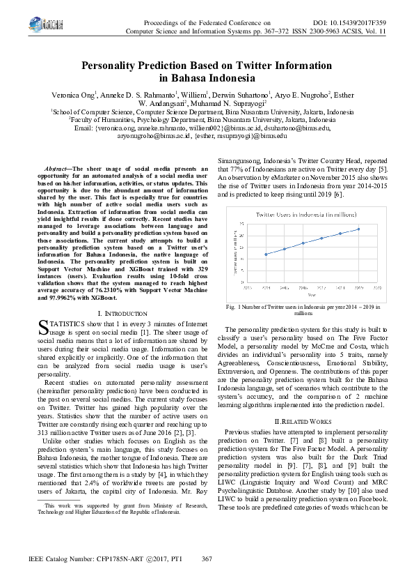 (PDF) Personality Prediction Based on Twitter Information in Bahasa ...