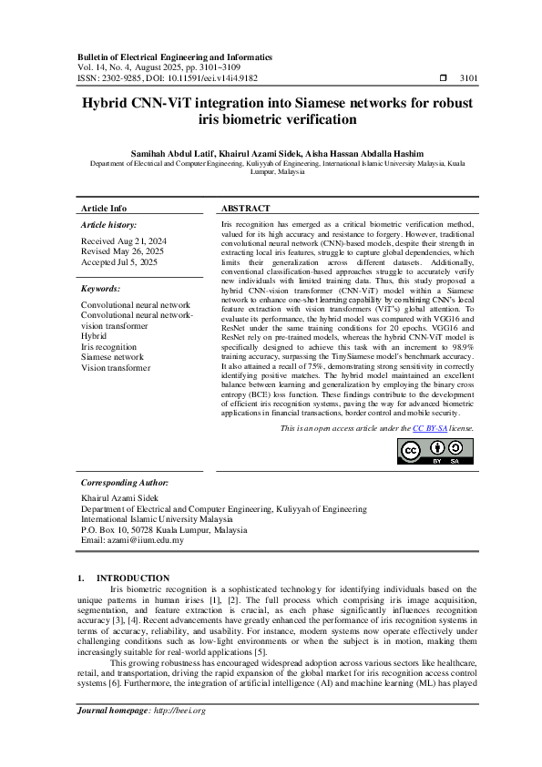 (PDF) Hybrid CNN-ViT integration into Siamese networks for robust iris ...