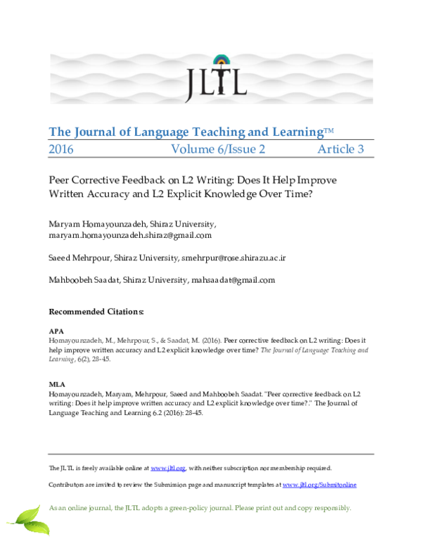 (PDF) Peer Corrective Feedback on L2 Writing: Does It Help Improve Written Accuracy and L2 ...
