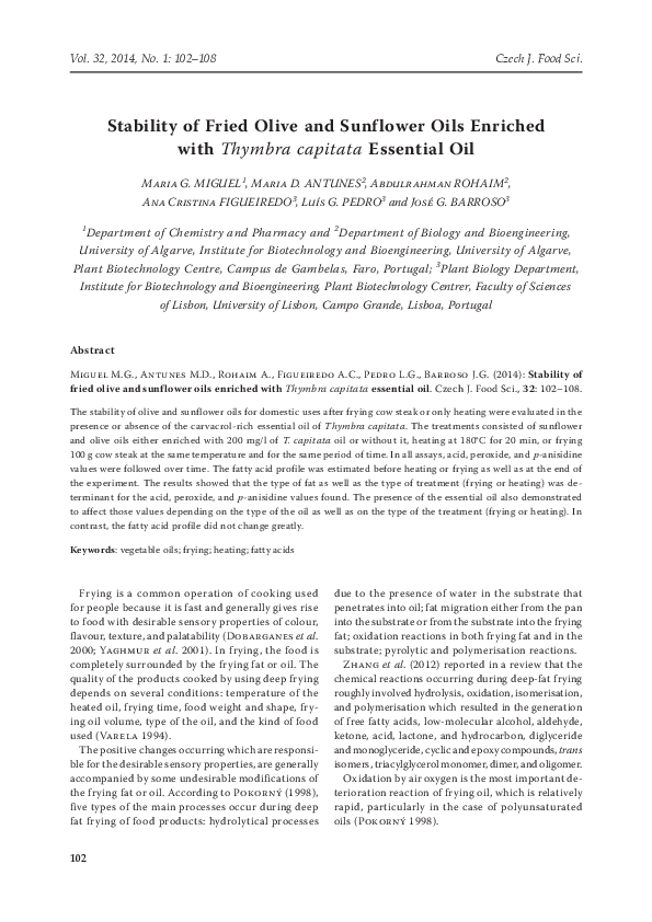(PDF) Stability of fried olive and sunflower oils enriched with Thymbra ...