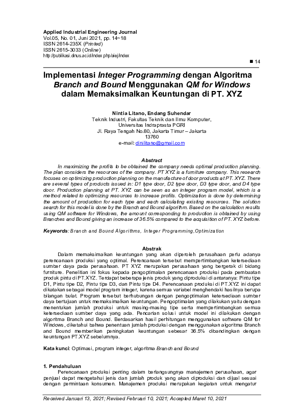 (PDF) Implementasi Integer Programming dengan Algoritma Branch and Bound Menggunakan QM for ...