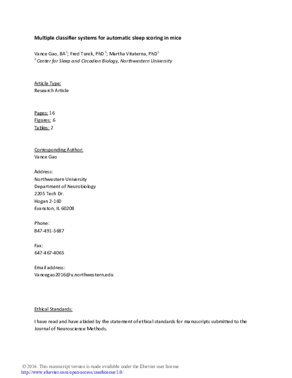 (PDF) Multiple classifier systems for automatic sleep scoring in mice