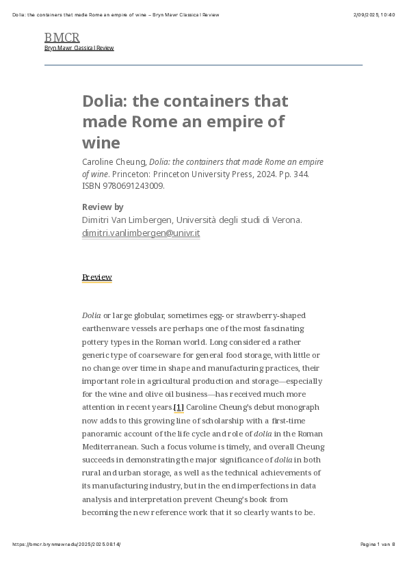 (PDF) Review of: Dolia: the containers that made Rome an empire of wine