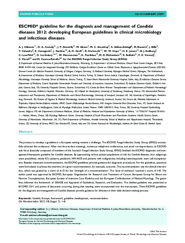 (PDF) ESCMID guideline for the diagnosis and management of Candida diseases 2012: developing ...