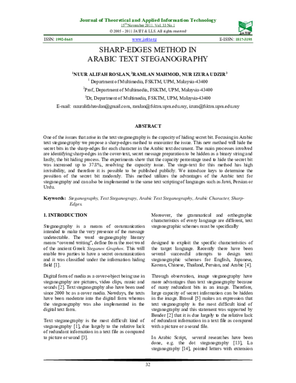 (PDF) Sharp-Edges Method in Arabic Text Steganography