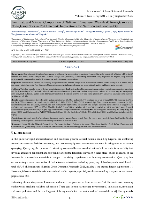 (PDF) Proximate and Mineral Composition of Talinum triangulare ...
