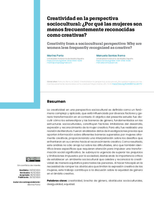 (PDF) Creatividad en la perspectiva sociocultural: ¿Por qué las mujeres ...