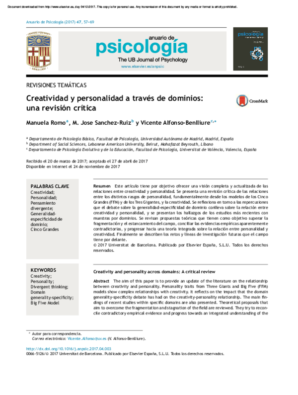 (PDF) Creatividad y personalidad a través de dominios: una revisión crítica