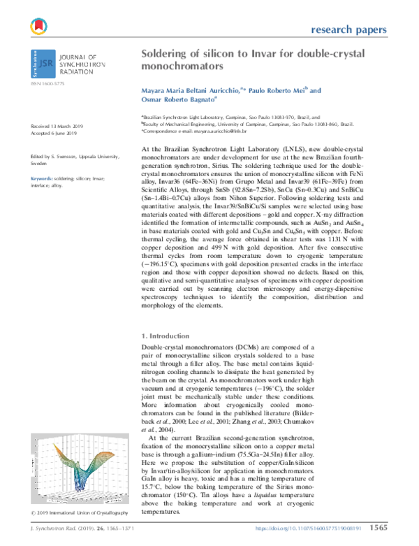 (PDF) Soldering of silicon to Invar for double-crystal monochromators