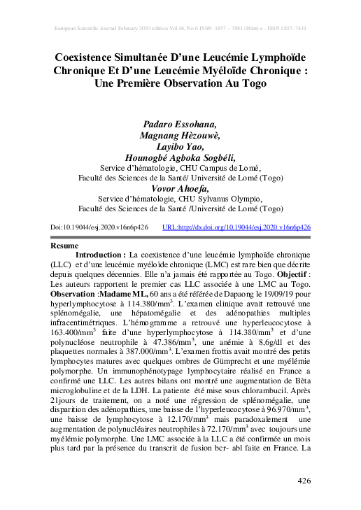 (PDF) Coexistence Simultanée D’une Leucémie Lymphoïde Chronique Et D ...