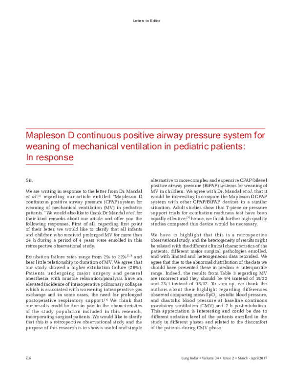 (PDF) Mapleson D continuous positive airway pressure system for weaning ...